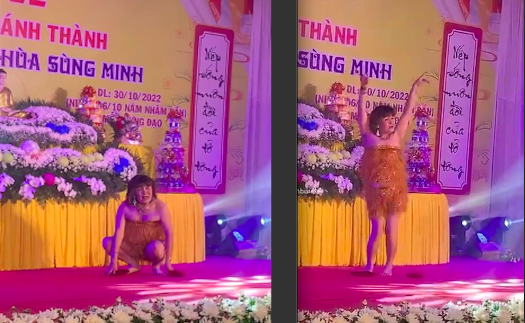 Xuân Hinh ăn mặc phản cảm, nhảy múa điên cuồng trong lễ khánh thành Tổ đườn